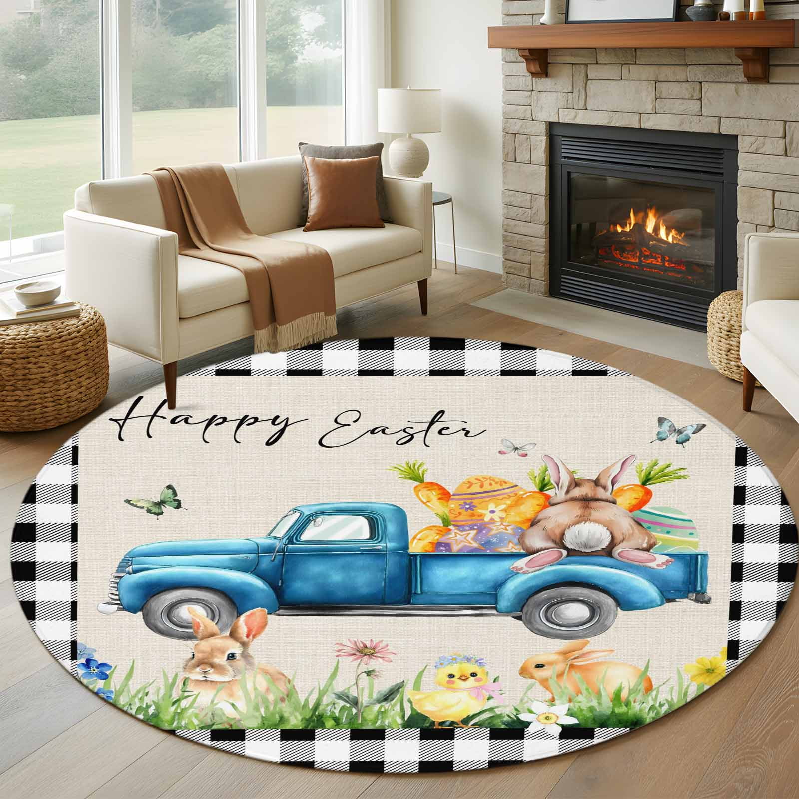 Black Plaid Easter Round Rug 8ft Washable Circle Rugs Non Slip Truck ...
