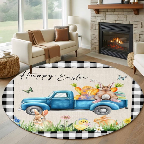 Black Plaid Easter Round Rug 8ft Washable Circle Rugs Non Slip Truck ...