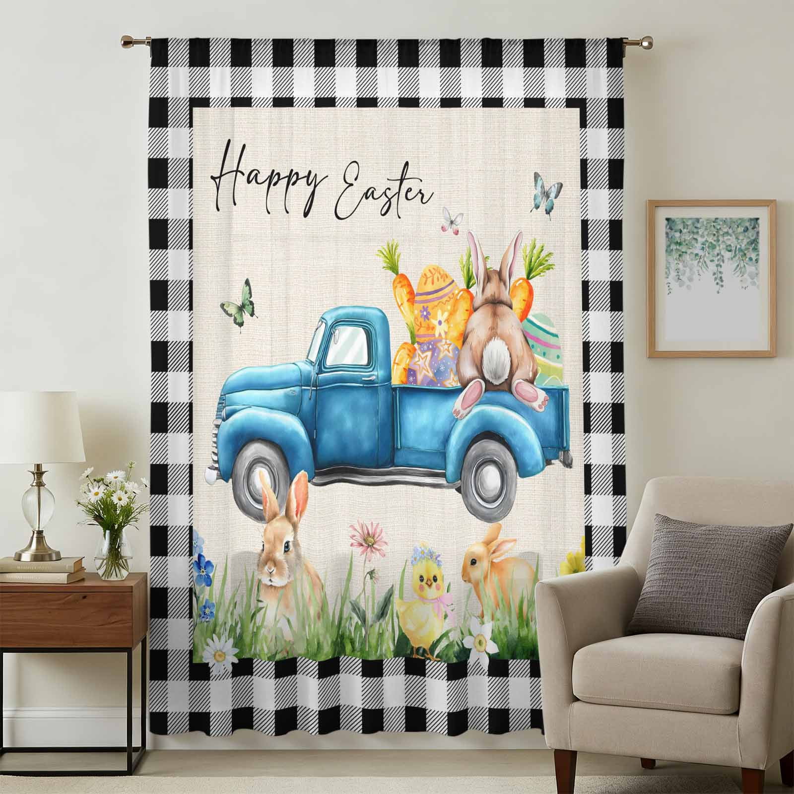 Black Plaid Easter Sheer Curtains 63 Inches Long, Truck Spring Floral ...