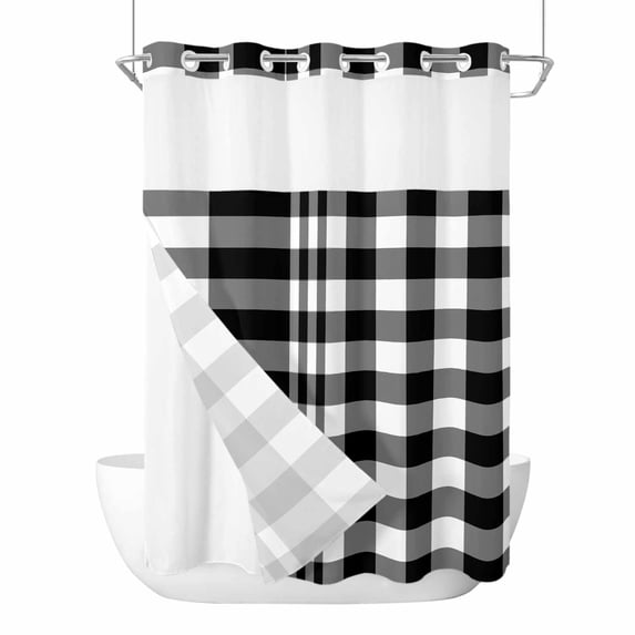 Black Plaid No Hook Shower Curtain with Snap in Liner, Black Gradient ...
