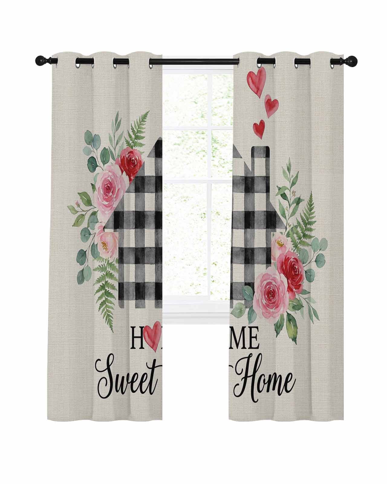 Black Plaid House Blackout Curtains 63 Inch Length Home Sweet Home Pink ...