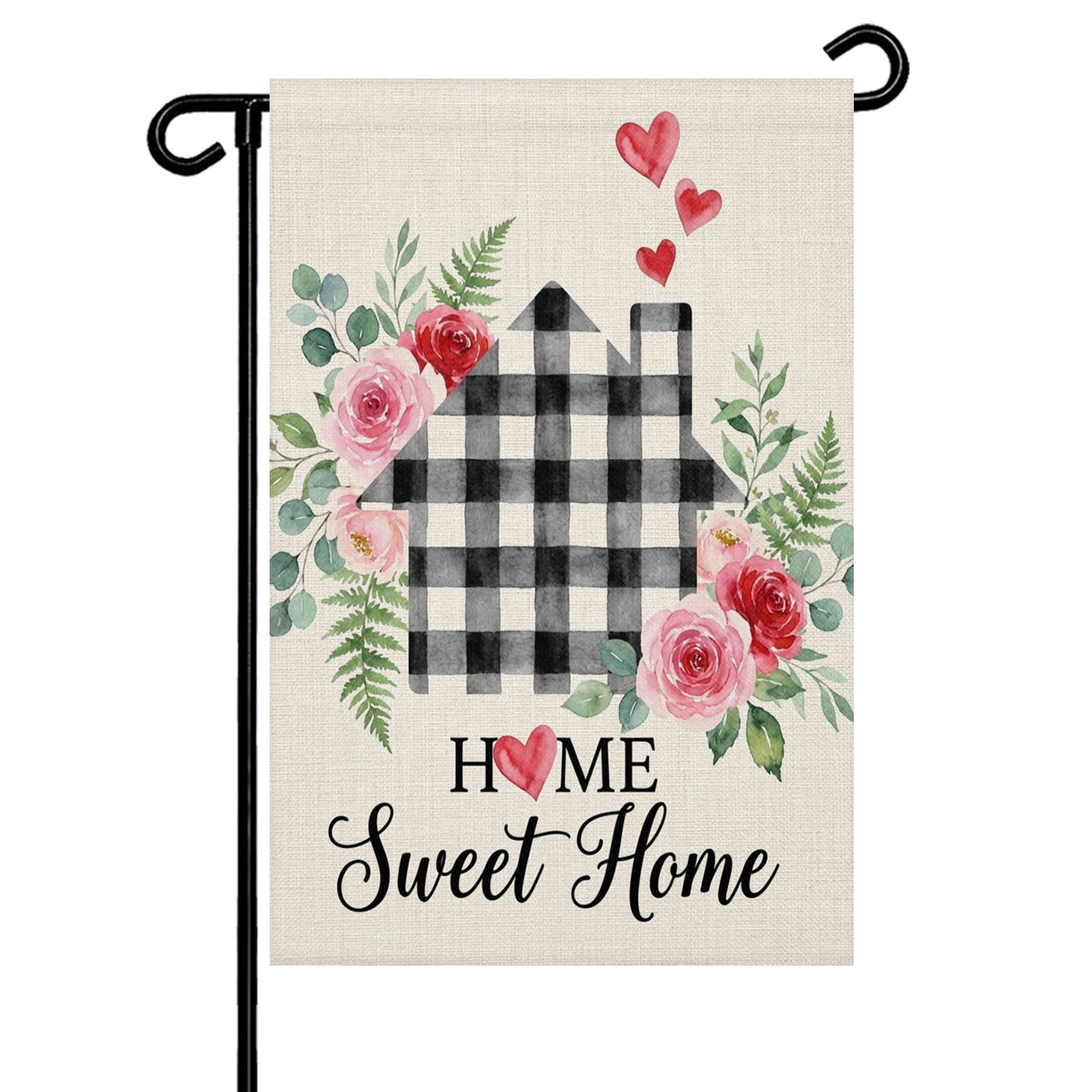 Black Plaid House Garden Flag 28x40 Inch Home Sweet Home Pink Floral ...