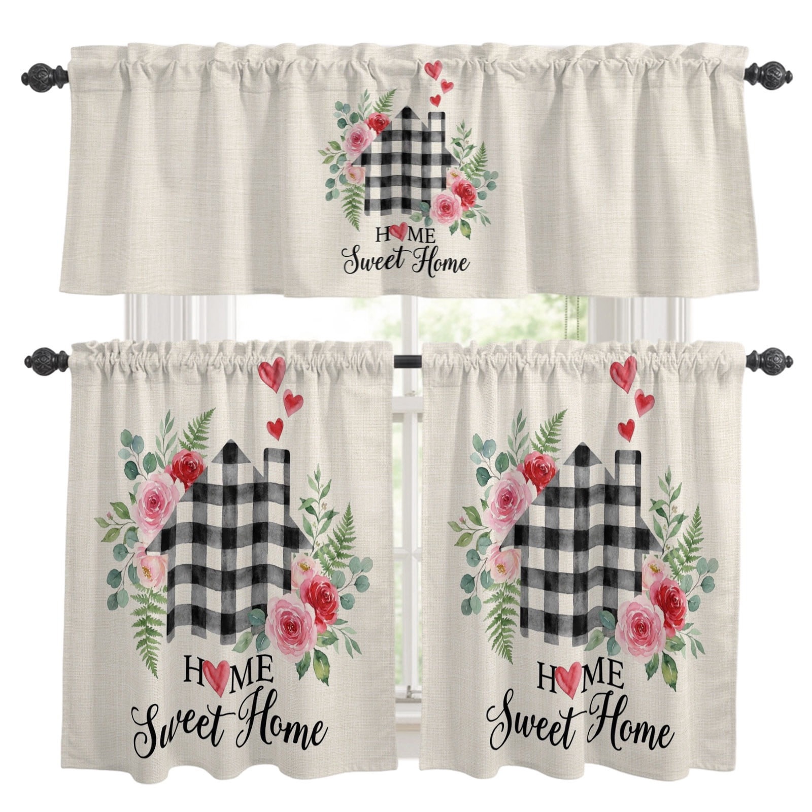 Black Plaid House Kitchen Curtains Set for Windows, Home Sweet Home ...