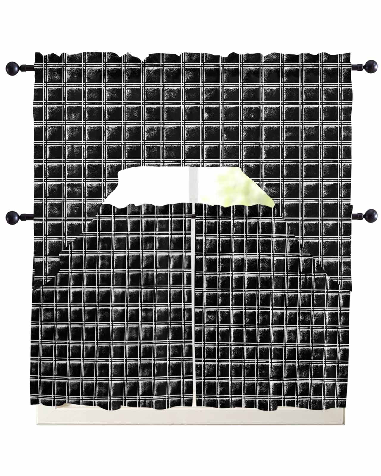 Black Plaid Kitchen Curtains Sets 24 Inch Length with Valance, Vintage ...