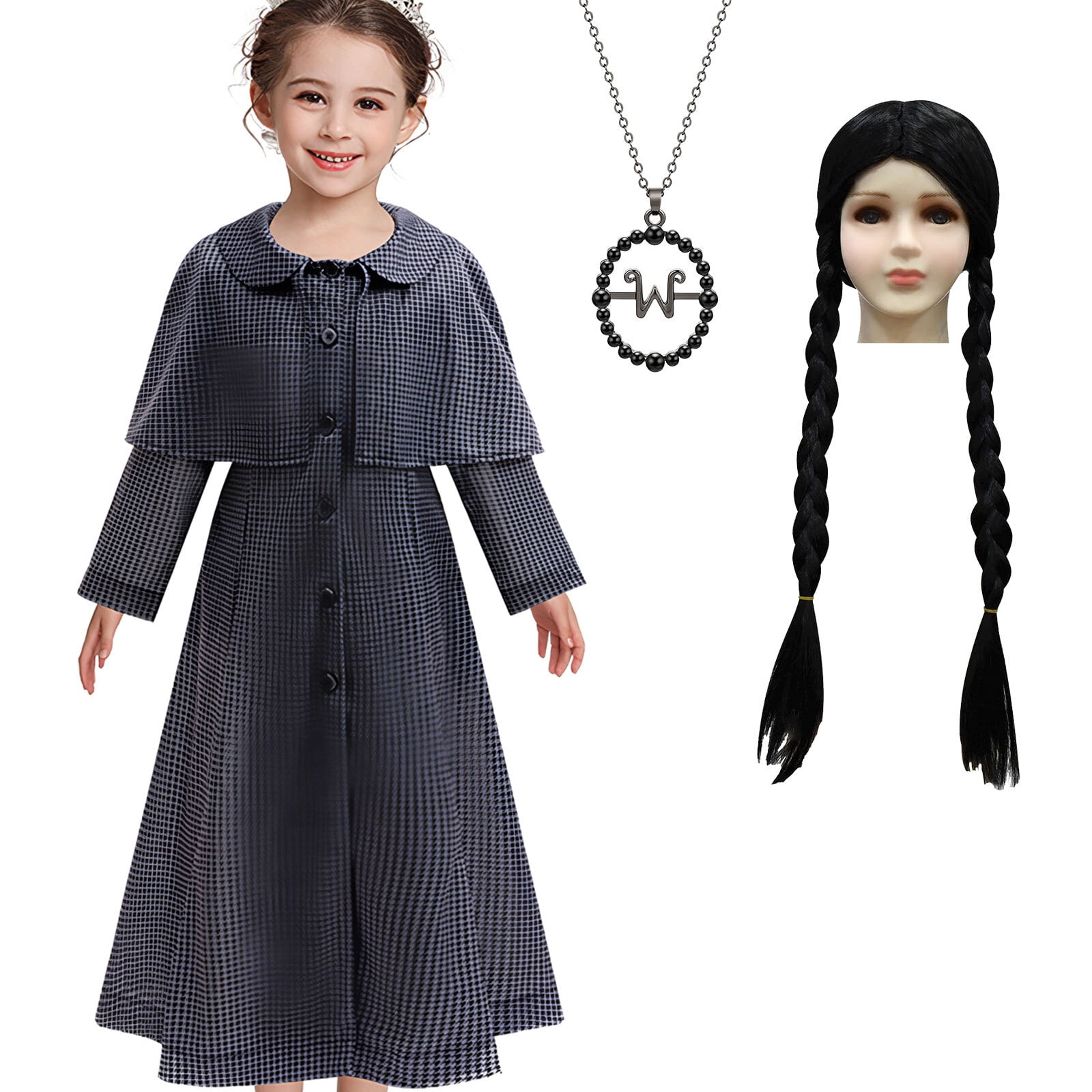 Black Plaid Long Dress Costume w/Wigs for Girls Gothic College Style ...