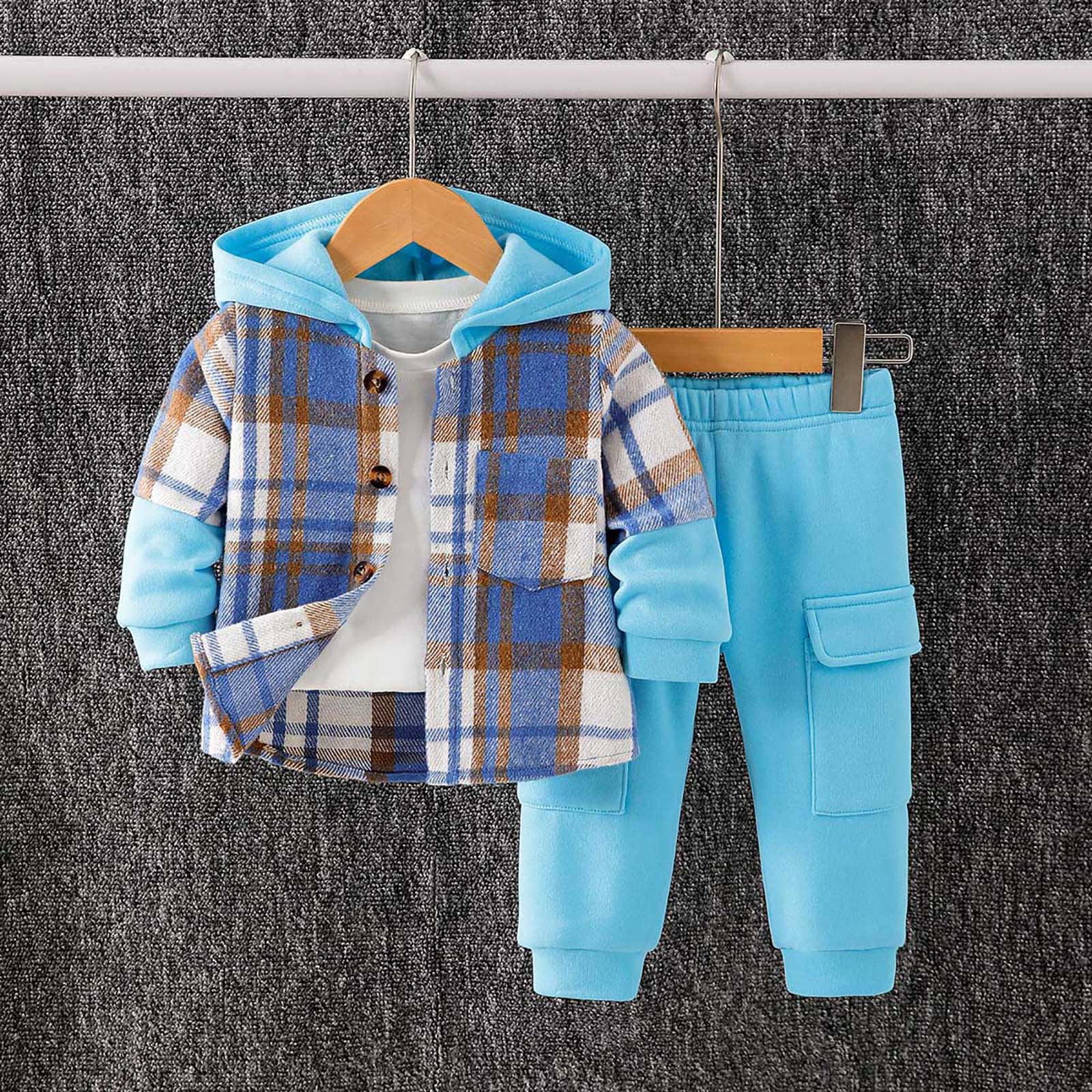 Black Plaid Pants Wide Boys' Outfit Set - Plaid Long Sleeve Shirt and ...