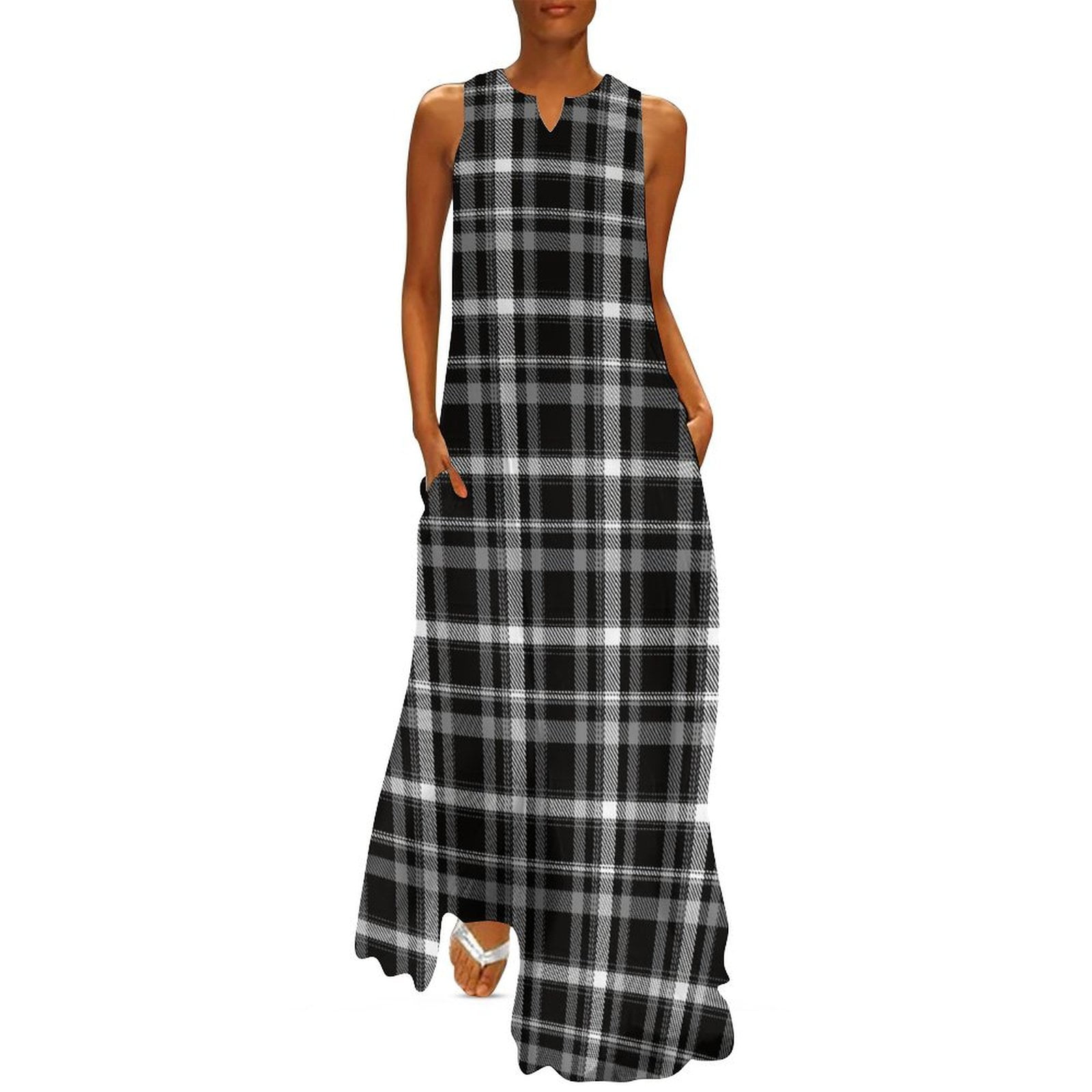Black Plaid Print Dress White Lines Cute Maxi Dress Street Fashion Boho ...