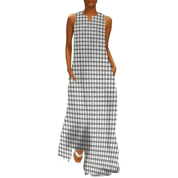 Black Plaid Print Dress White Lines Cute Maxi Dress Street Fashion Boho ...