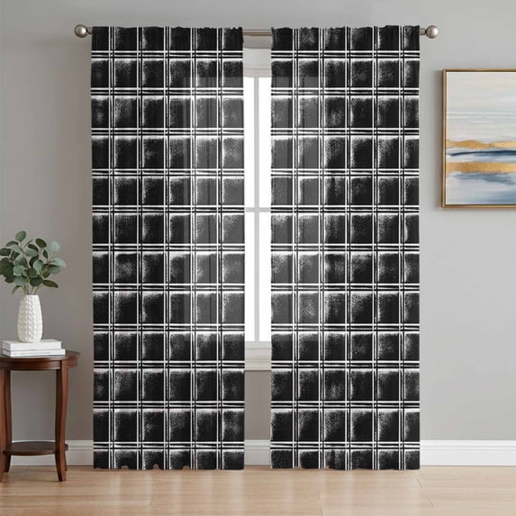 Black Plaid Sheer Curtains for Living Room Bedroom Vintage Minimalism ...