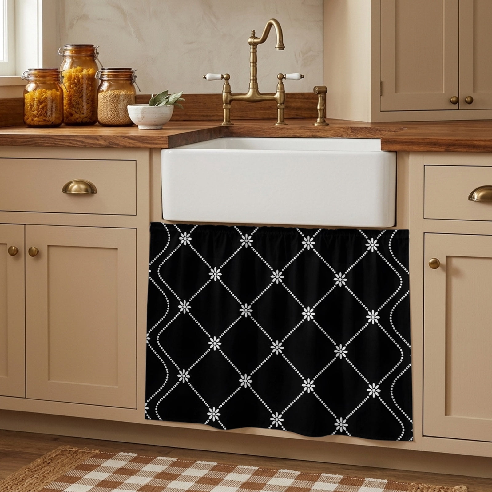 Black Plaid Small Cabinet Curtains 10"W x 11"L, Farmhouse Art Checkered ...