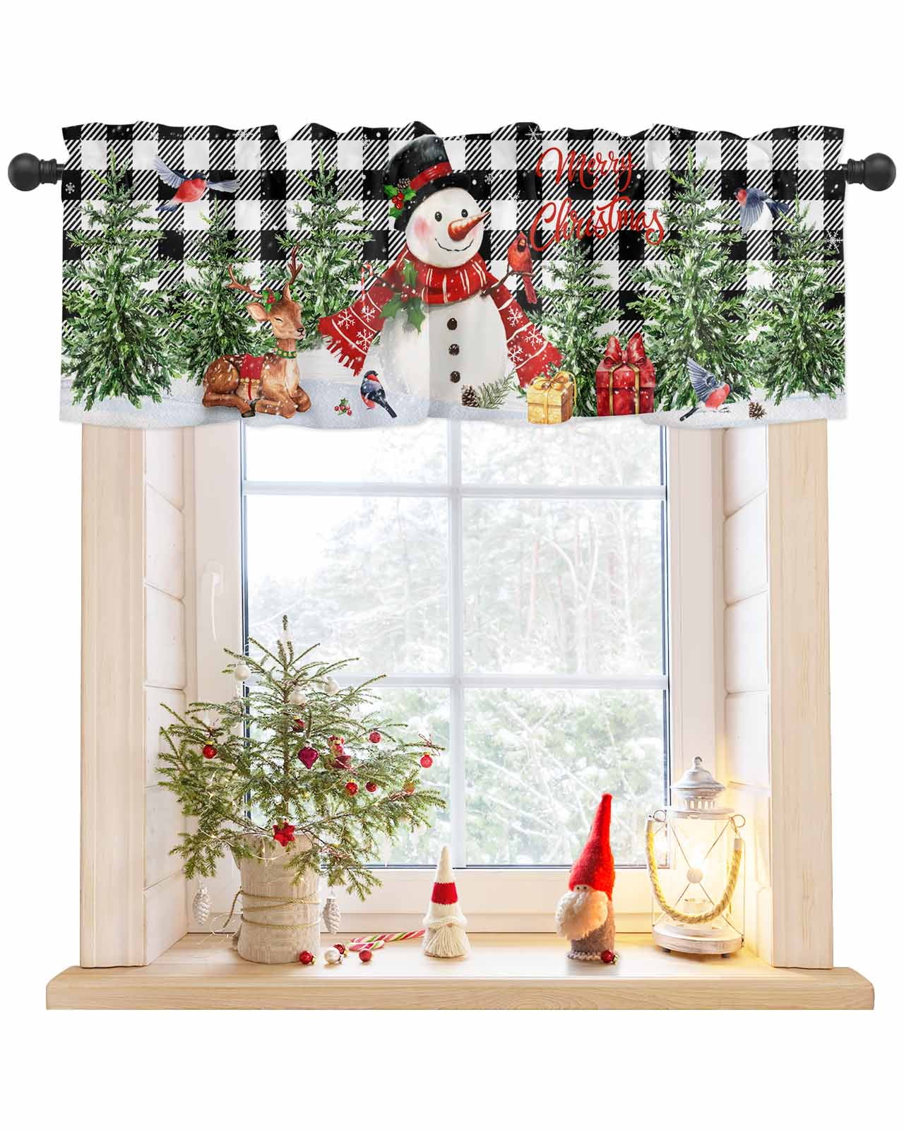 Black Plaid Snowman Christmas Curtain Valance for Windows/Living Room ...