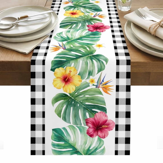 Black Plaid Summer Botanical Table Runner Tropical Monstera Spring ...