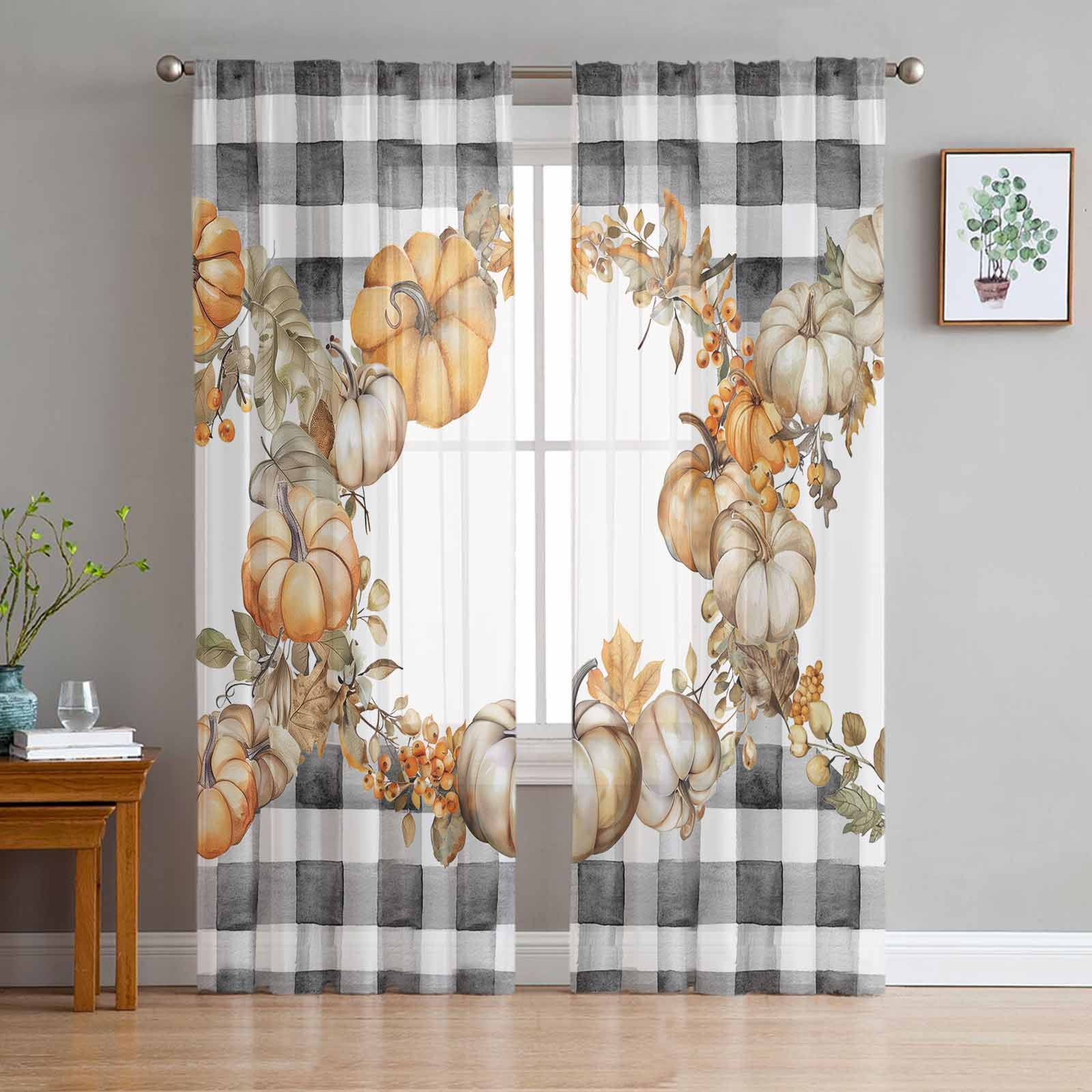 Black Plaid Thanksgiving Sheer Curtains 108 Inch Length 2 Panels Set ...