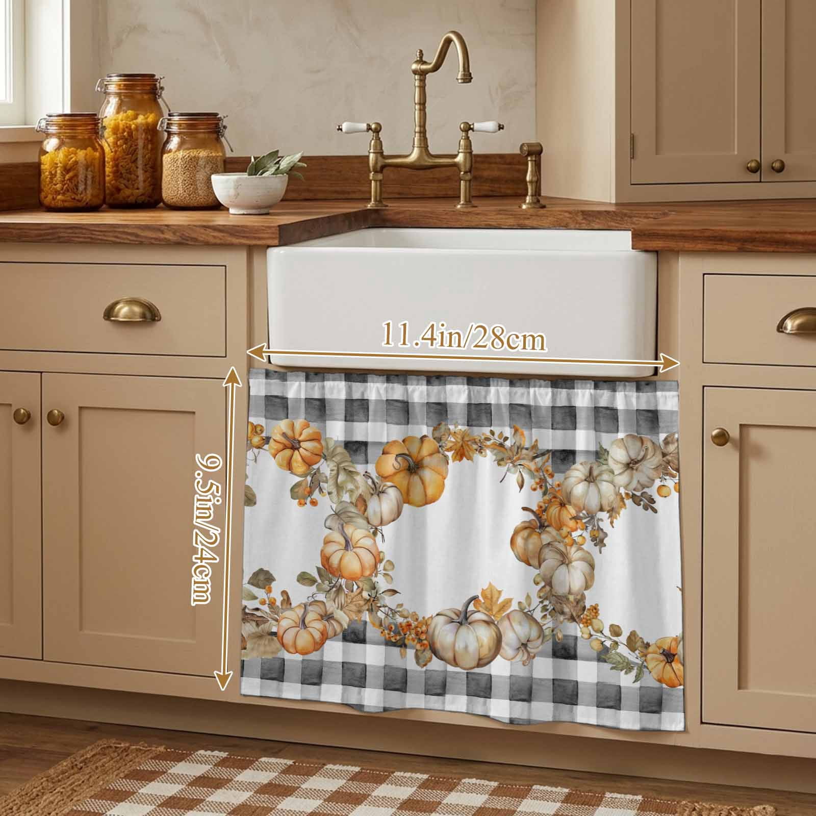 Black Plaid Thanksgiving Small Cabinet Curtains 9.5"W x 11.4"L, Fall ...