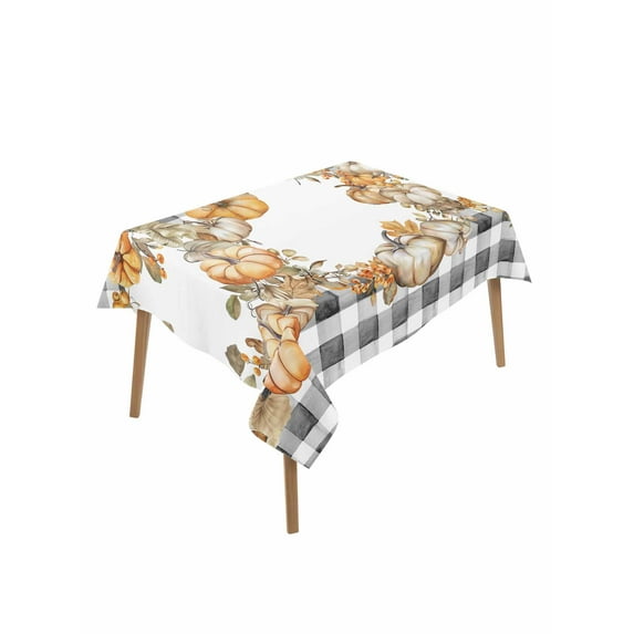 Black Plaid Thanksgiving Table Cloth, Fall Pumpkins Wreath Waterproof ...