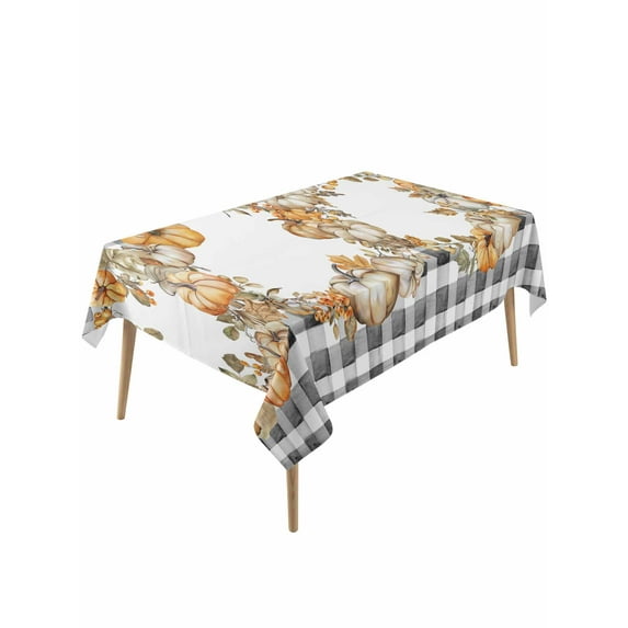 Black Plaid Thanksgiving Table Cloth, Fall Pumpkins Wreath Waterproof ...
