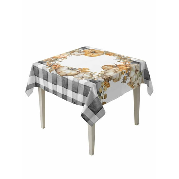 Black Plaid Thanksgiving Table Cloth, Fall Pumpkins Wreath Waterproof ...