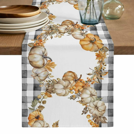 Black Plaid Thanksgiving Table Runner, Fall Pumpkins Wreath Washable ...