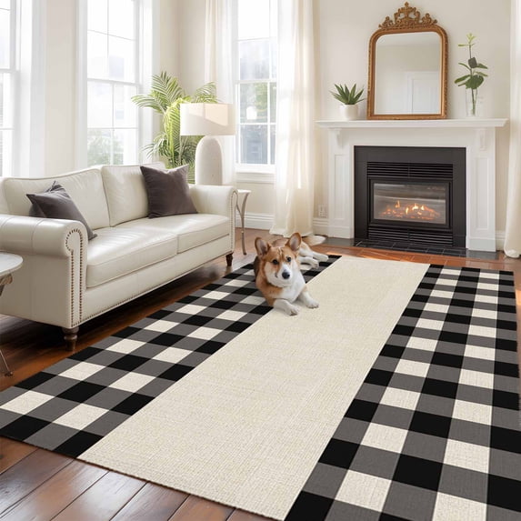 Black Plaid Washable Area Rug 8x10 Retro Country Black Plaid Linen ...