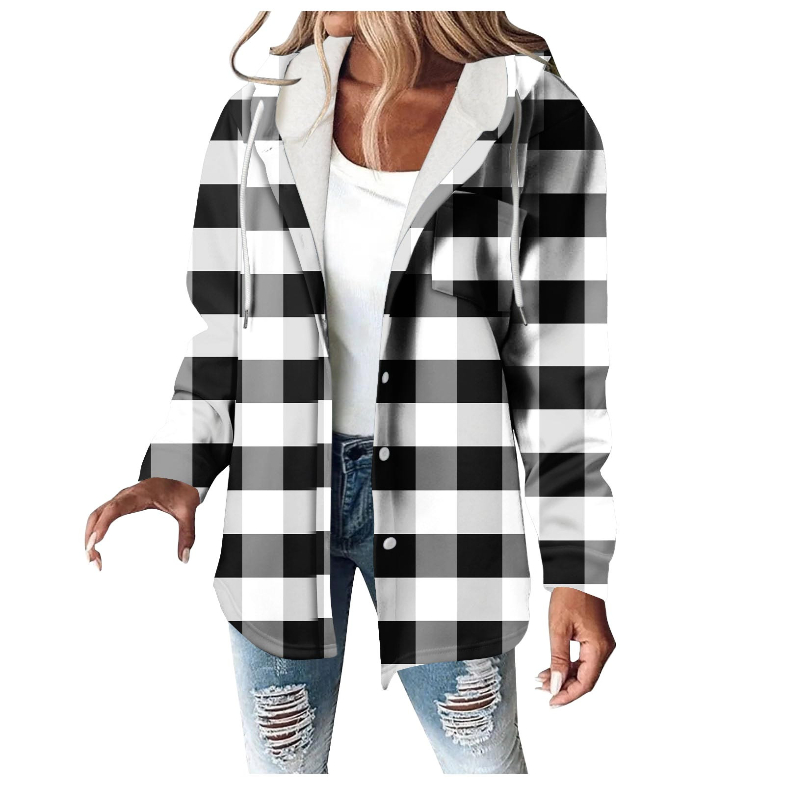 Black Plaid with Hood Brunch Shacket for Women Winter Fall Long Sleeve ...