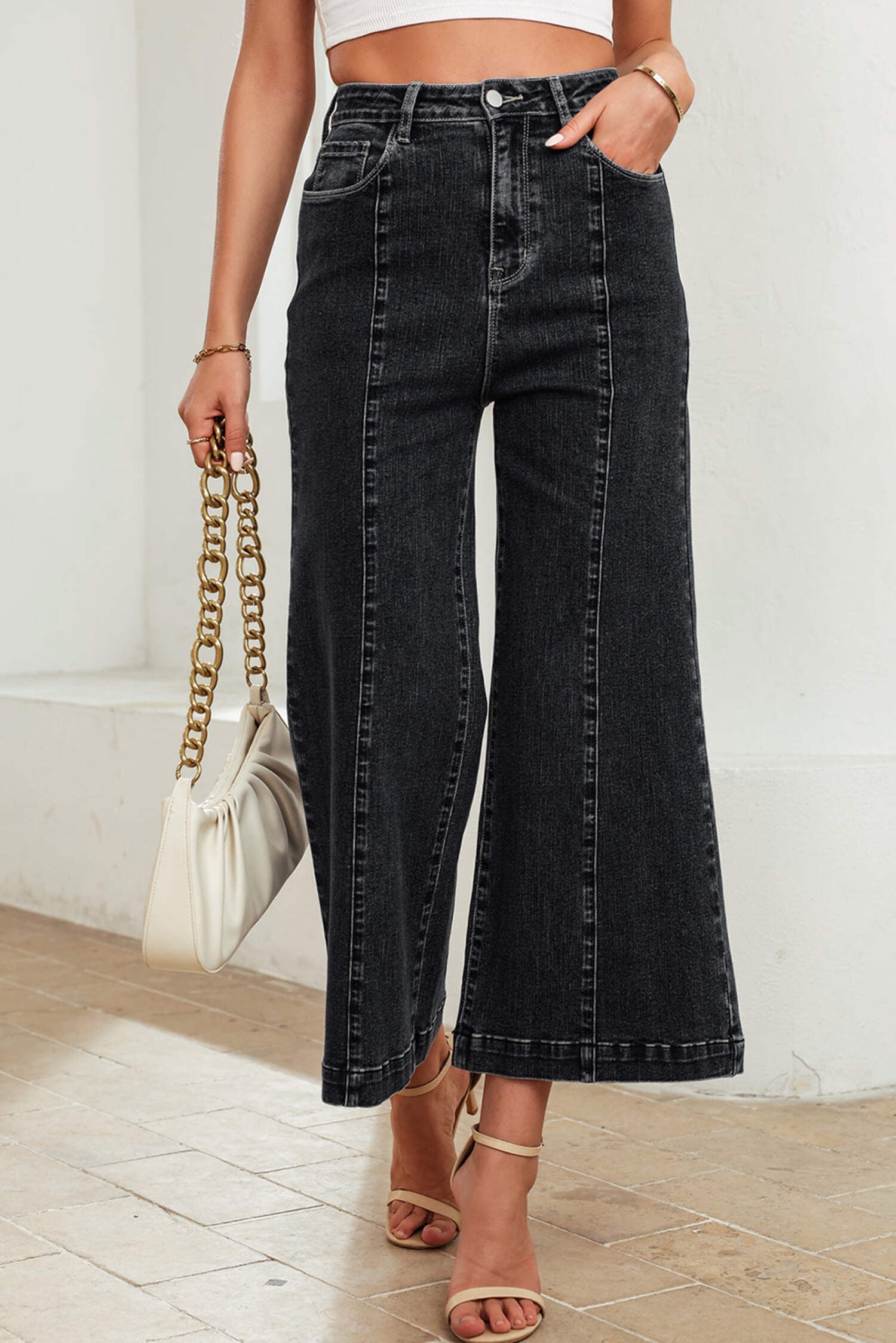 Black Plain Seam Detail Flared Bottom Ankle Length Jeans - Walmart.com