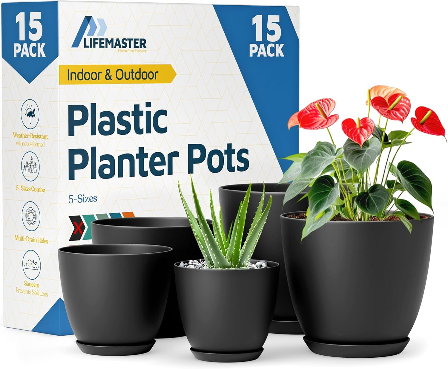 Black Plant Pots with Drainage Holes & Saucers 15 Packs, Indoor ...