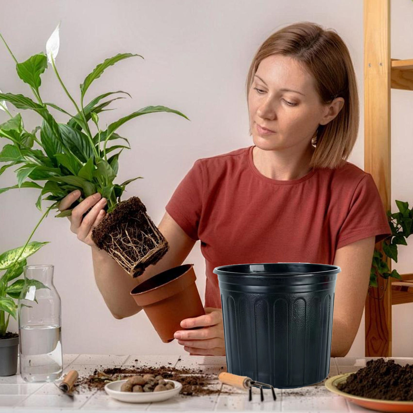 Black Plastic Flower Pot with Drainage Holes - Reusable Indoor/Outdoor ...