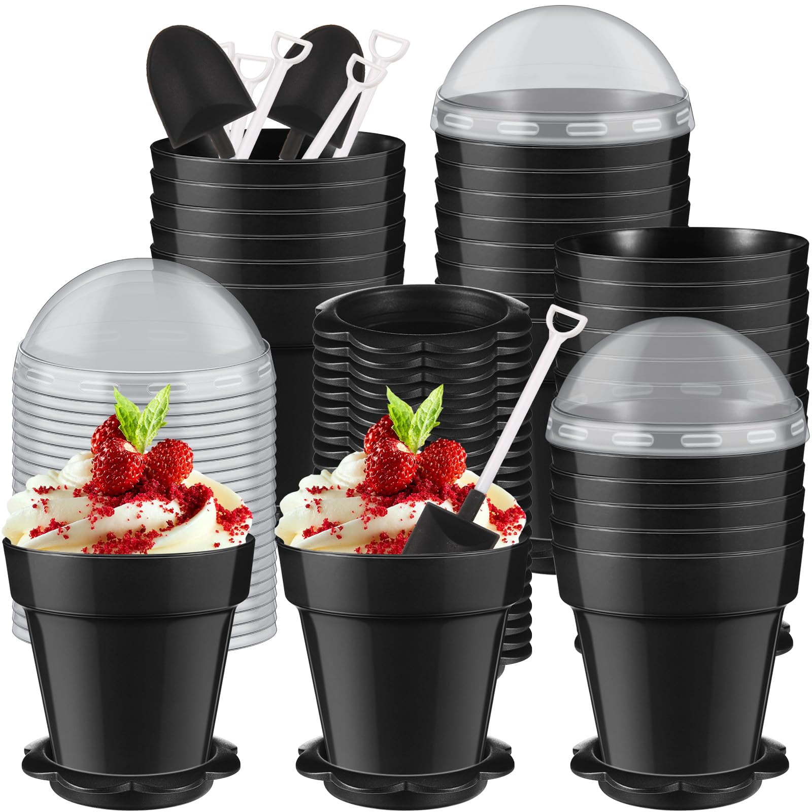 Black Plastic Flowerpot Dessert Cups with Lid, Spoon and Tray, 50 Pack ...