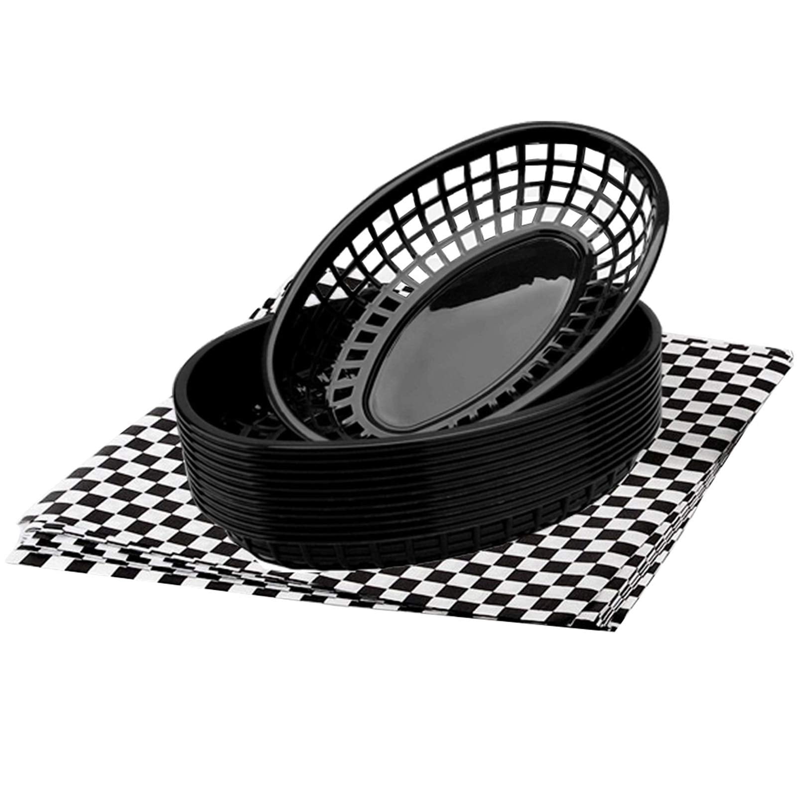 Black Plastic Food Baskets 12 Pack with 100 Checkered Deli Liners for ...