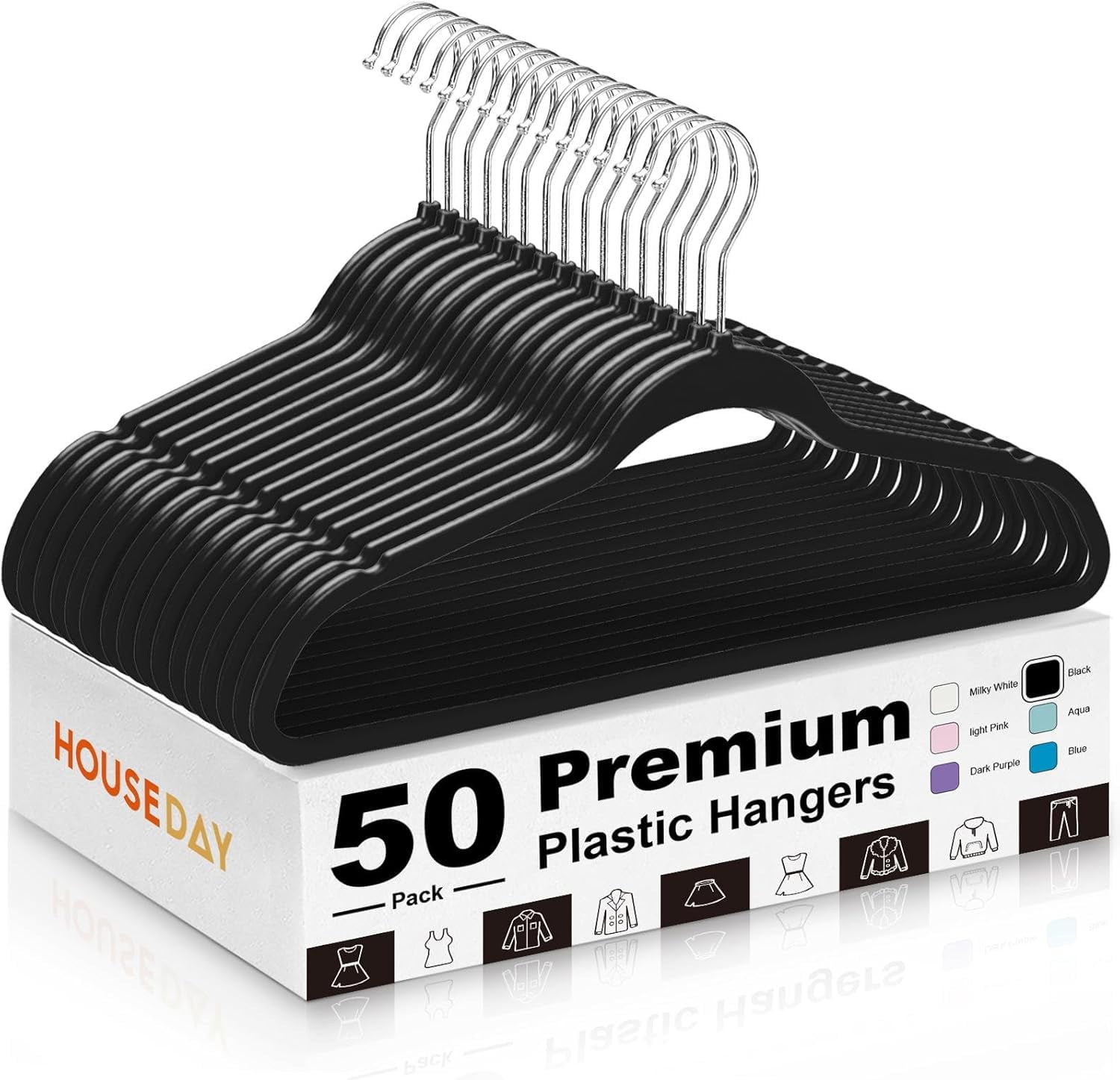 Black Plastic Hangers 50 Pack - Heavy Duty Non-Velvet Hangers with 360 ...