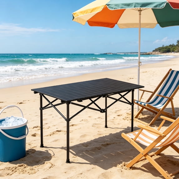 Black Plastic Portable Camping Table - 25.59 in Length Roll-Up Folding ...