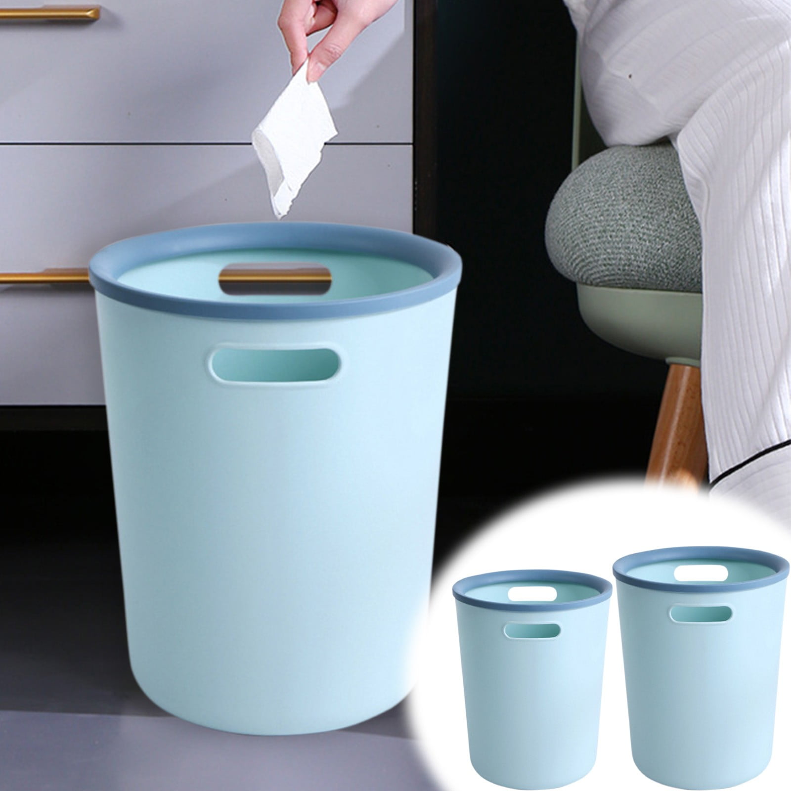 Black Plastic Trash Can Household Waste Basket Large Capacity Kitchen ...