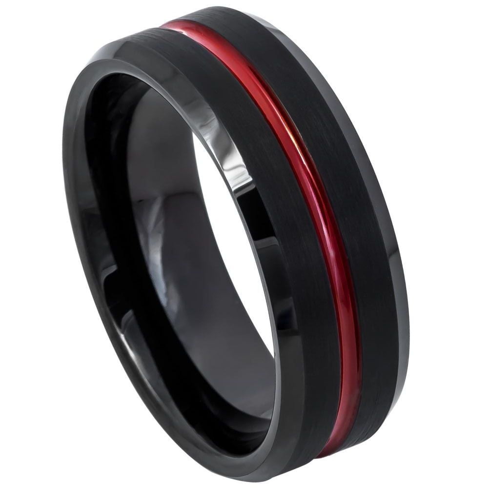 Black Plated Tungsten Red Grooved Center Eternity Ring Size 7.5 ...