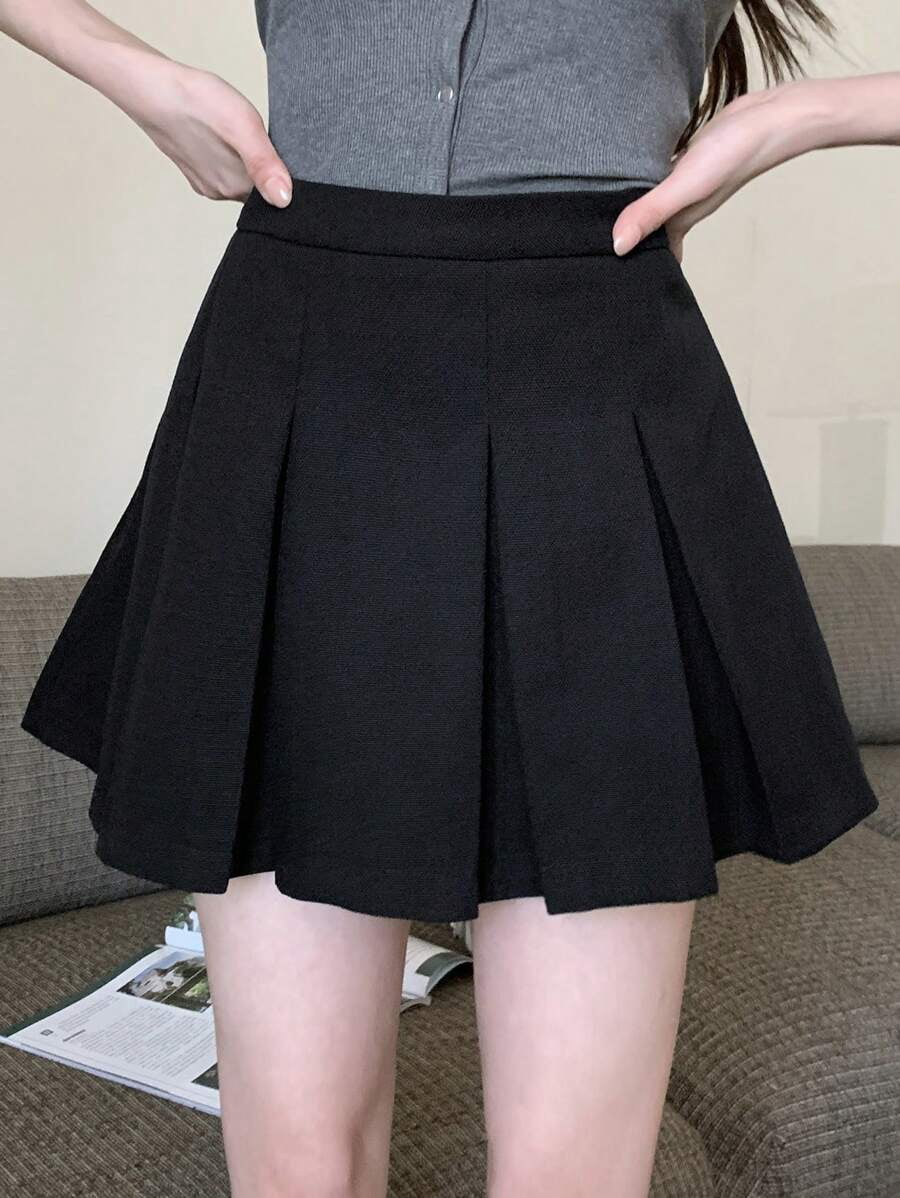 Black Pleated A-Line Mini Skirt For Women, Academic Style Fall ...