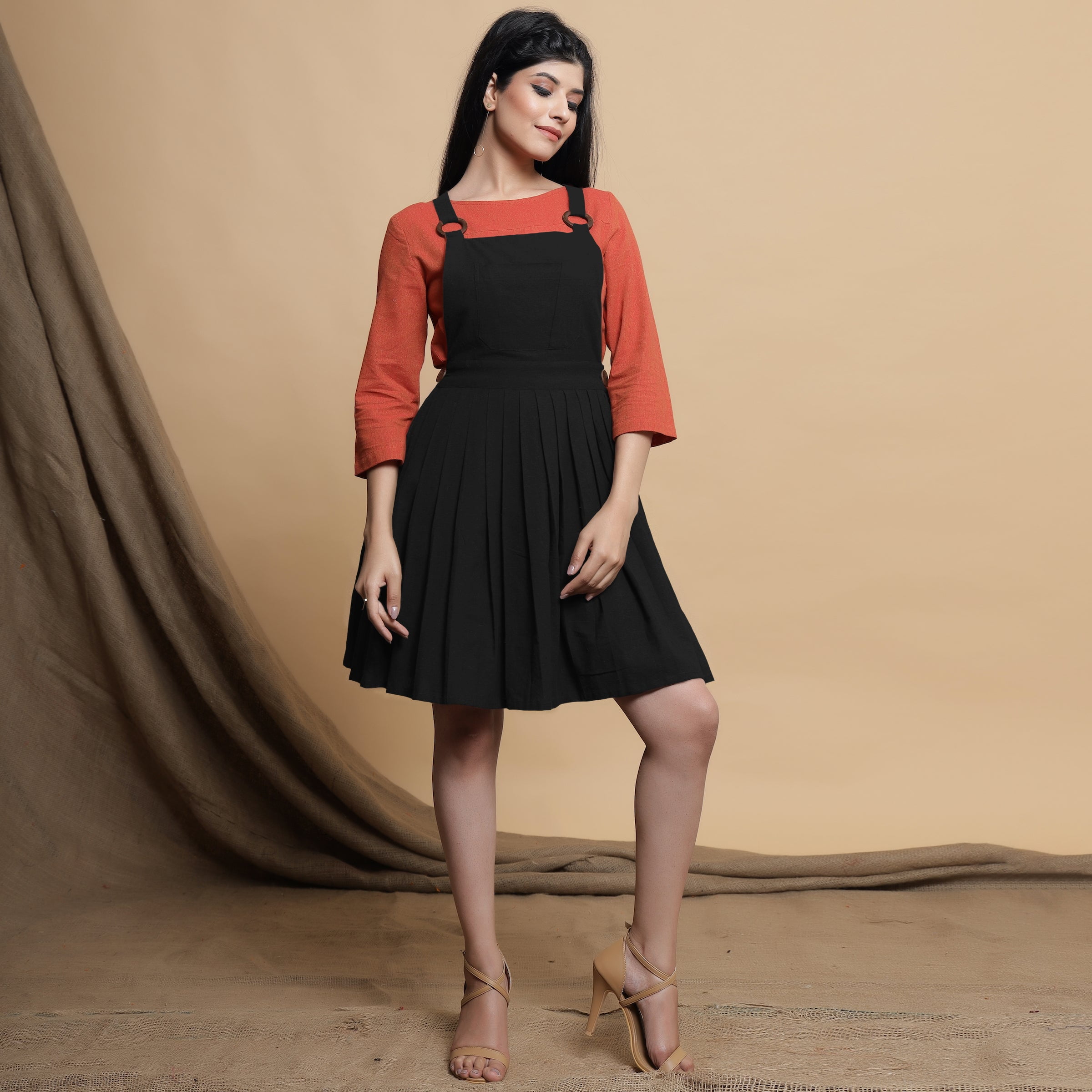 Black Pleated Cotton Flax Knee Length Criss-Cross Back Dress - Walmart.com