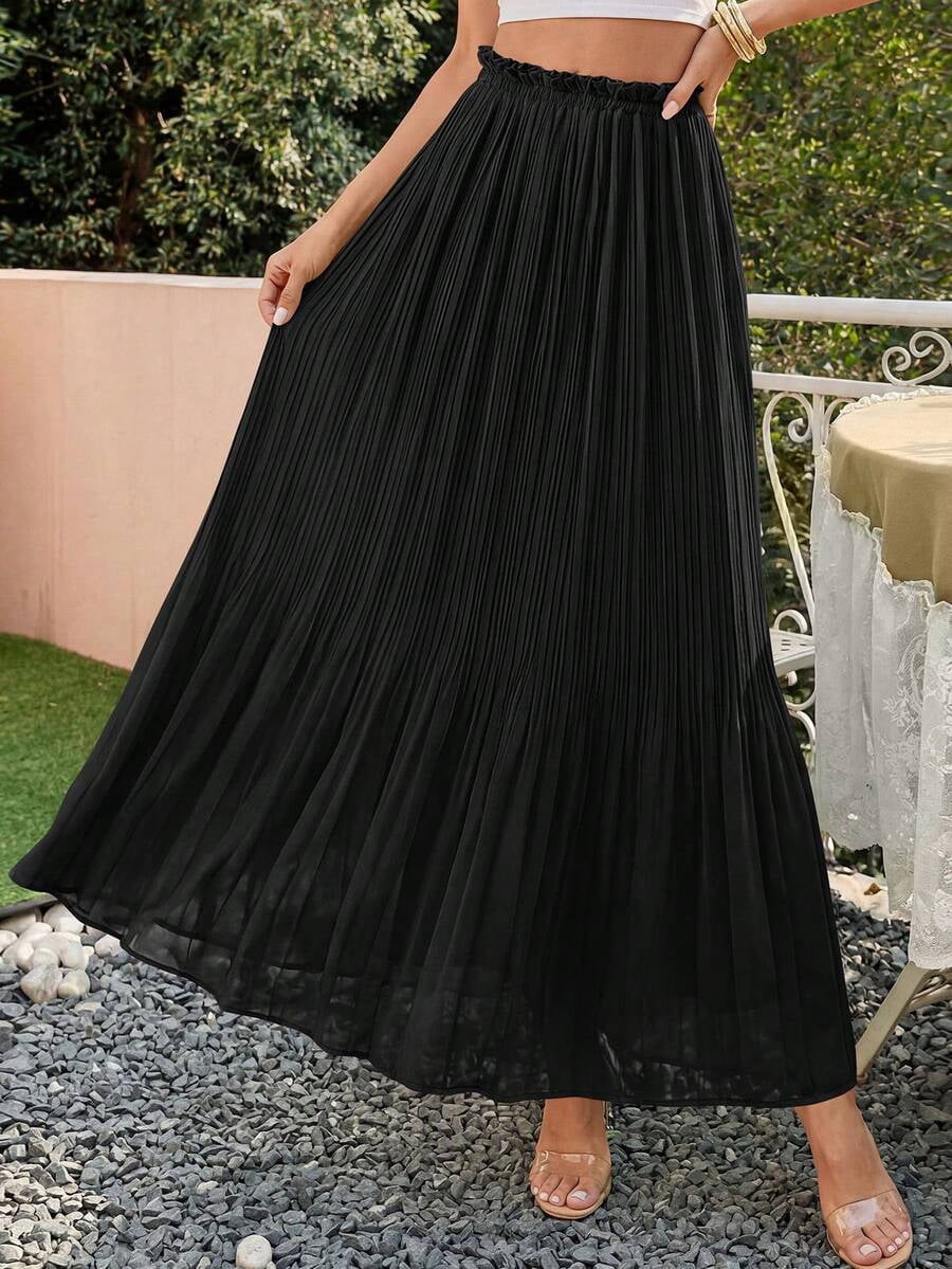 Black Pleated Maxi Skirt Elastic Waist Flowy A-Line Summer Skirt ...