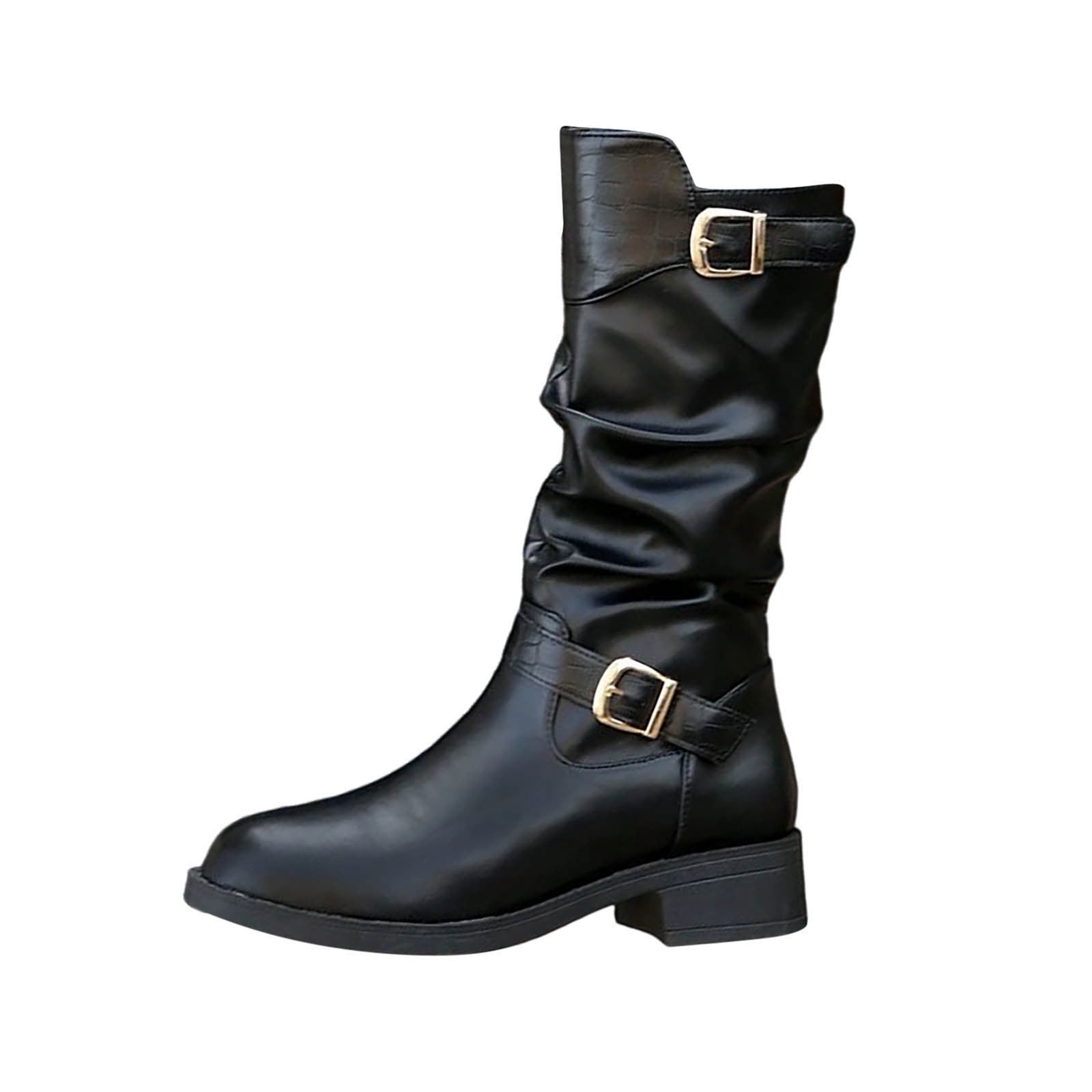 Black Pleated Round Toe Pile Boots Thick Heel Belt Buckle Mid Calf ...