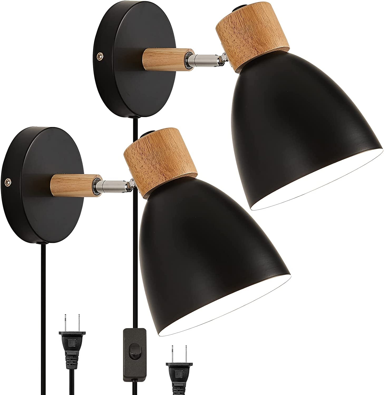 Black Plug in Wall Sconces Lighting Fixture Set of Two, Bedside Wall Mounted Reading Lamp with ...
