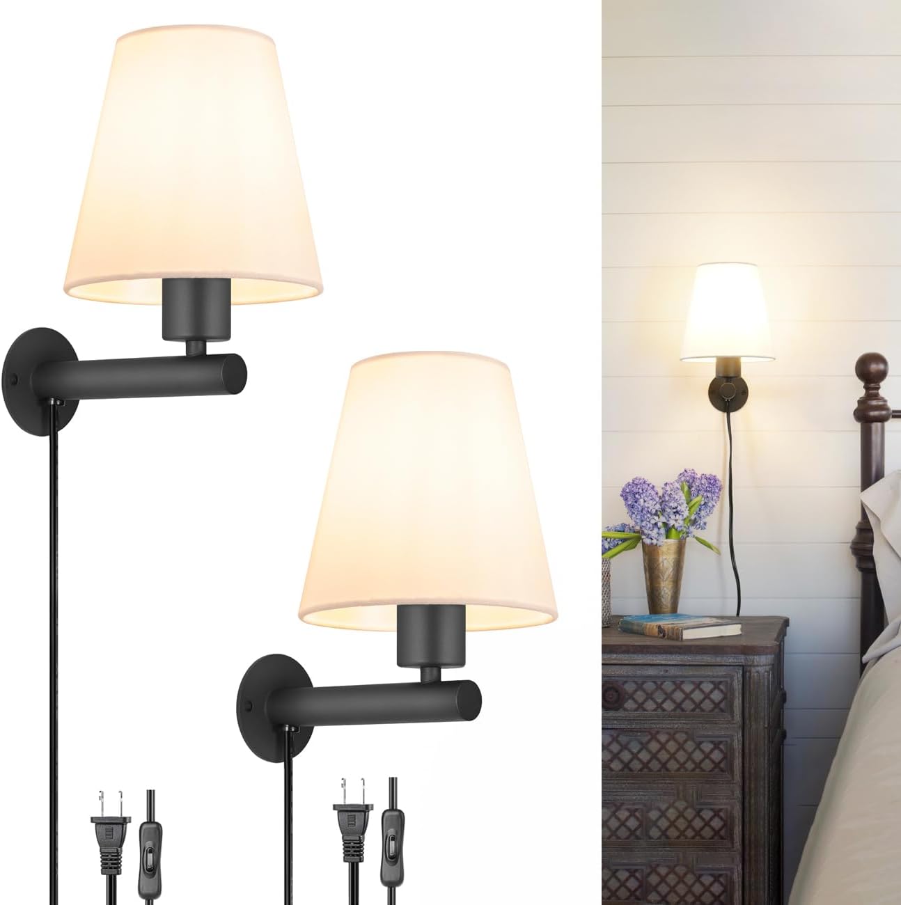 Black Plug in Wall Sconces Set of Two, Wall Lamp with Plug in Cord On/Off Switch, Black Wall ...