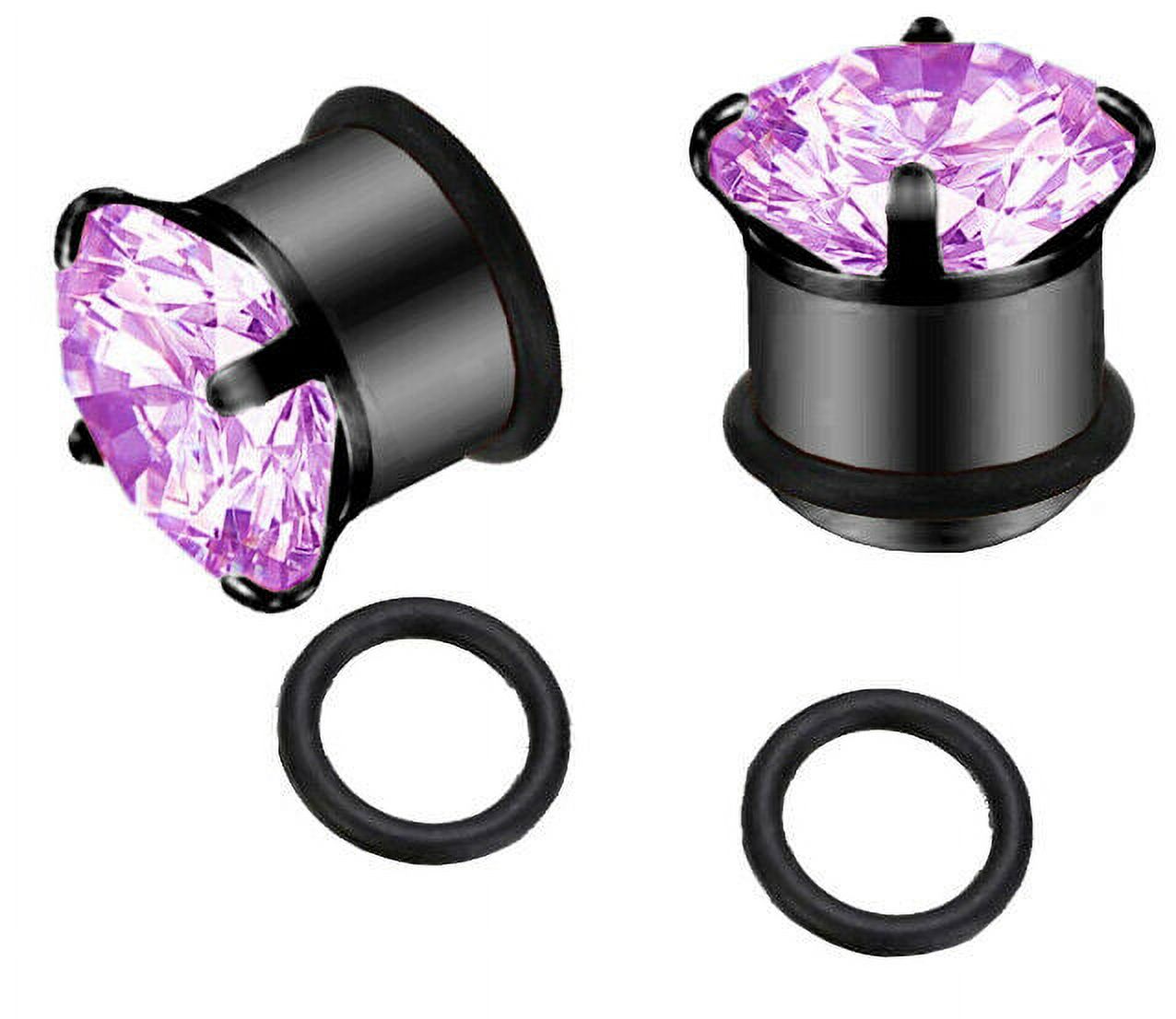 Black Plugs 0 Ring Style with Prong Cubic Zirconia Surgical Steel- Sold ...