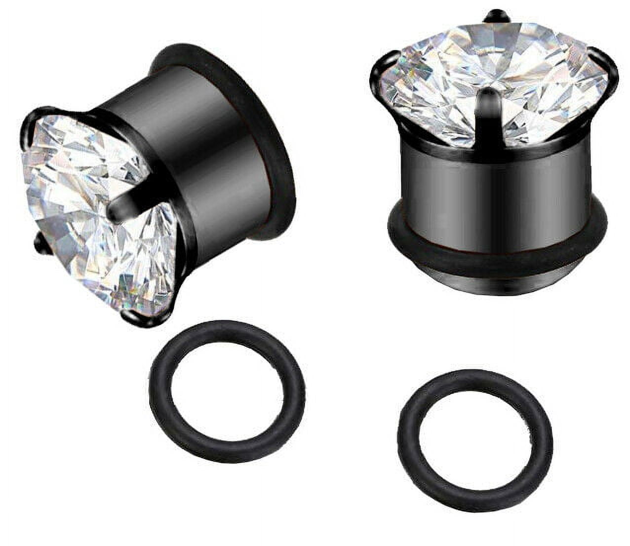 Black Plugs 0 Ring Style with Prong Cubic Zirconia Surgical Steel- Sold ...