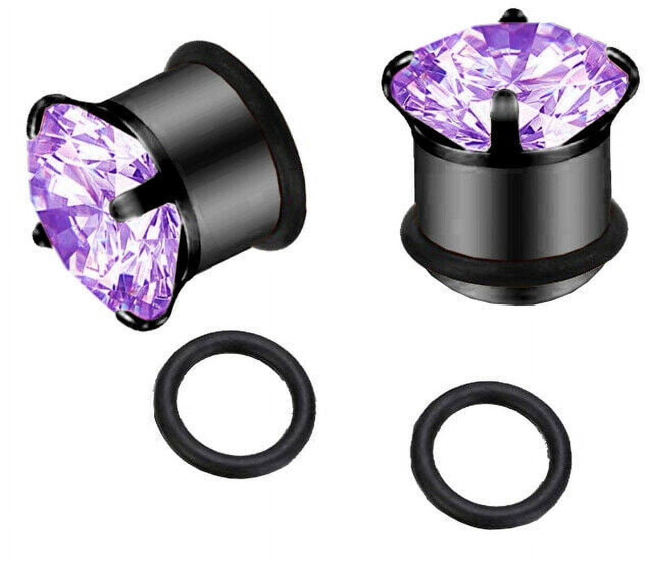 Black Plugs 0 Ring Style with Prong Cubic Zirconia Surgical Steel- Sold ...