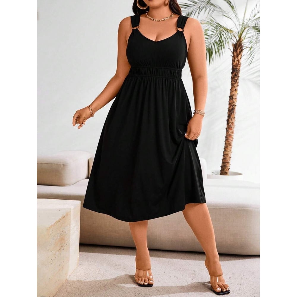 Black Plus Size A-Line Sundress With Adjustable Ring-Straps And Elastic ...
