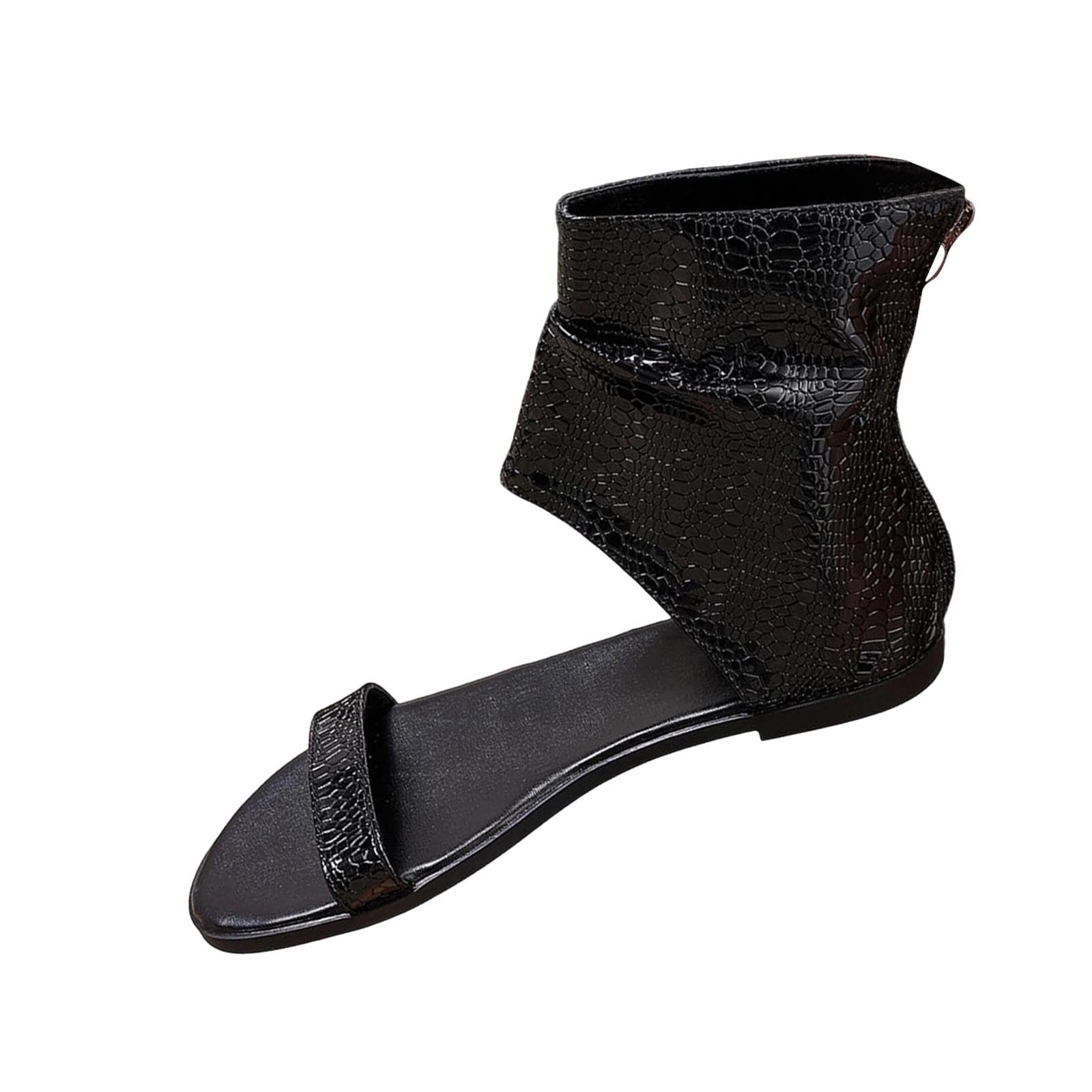 Black Plus-Size Breathable Flat Sandals For Ladies Leather Textured ...