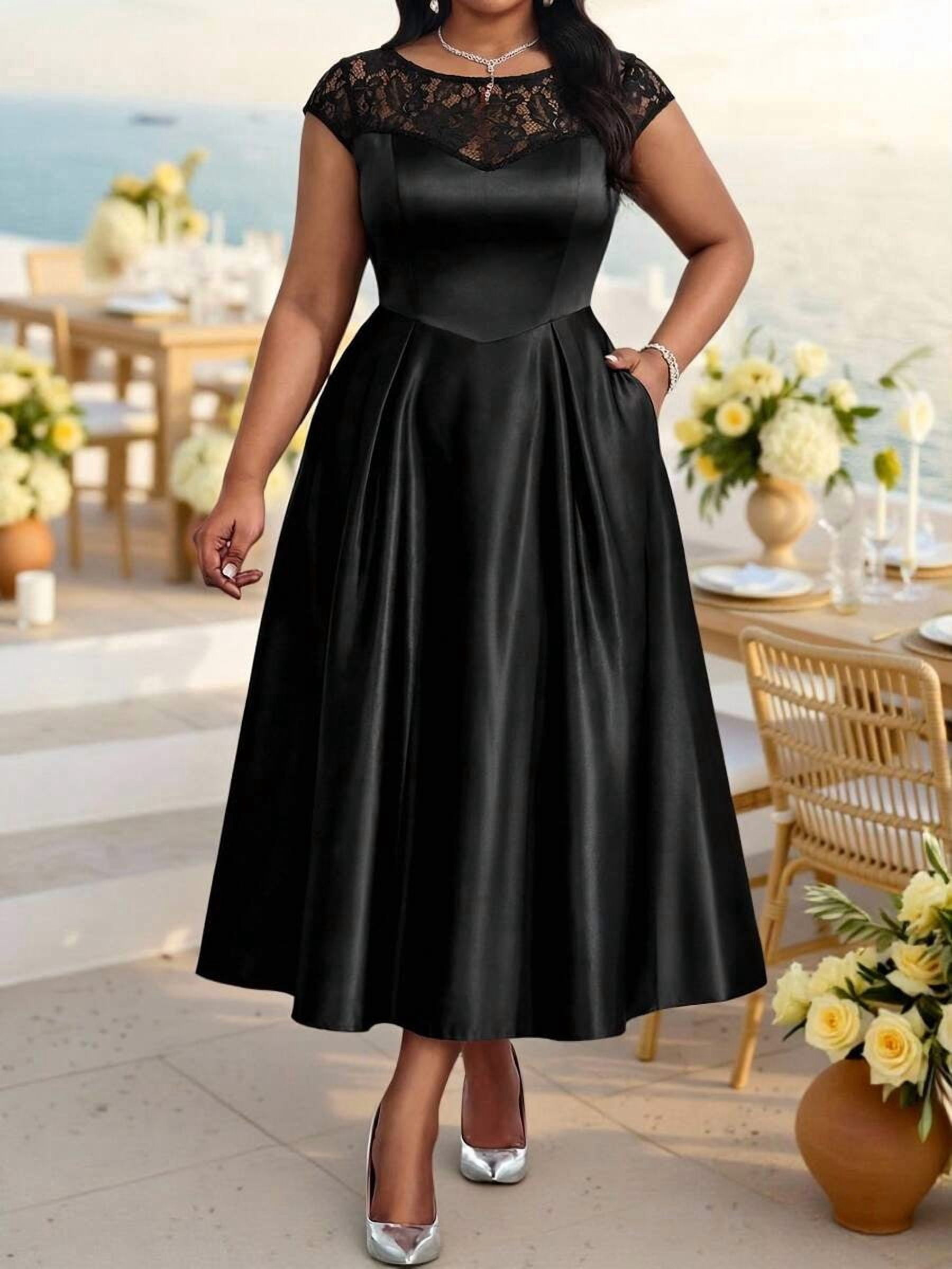 Black Plus Size Contrast Lace Round Neck Cap Sleeve Elegant A-Line Midi ...