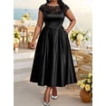 Black Plus Size Contrast Lace Round Neck Cap Sleeve Elegant A-Line Midi ...