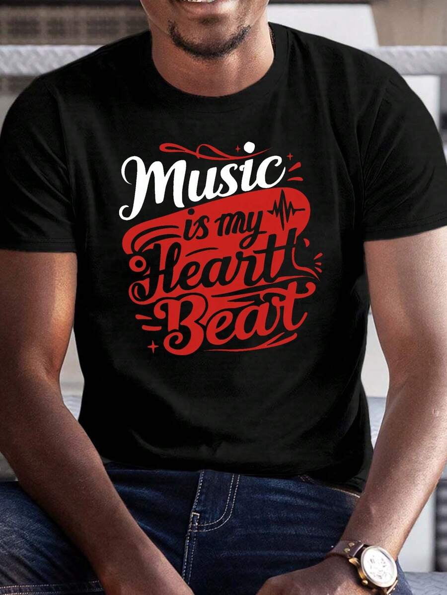 Black Plus-Size Mens Graphic T-Shirt Music Is My Heartbeat Short Sleeve ...