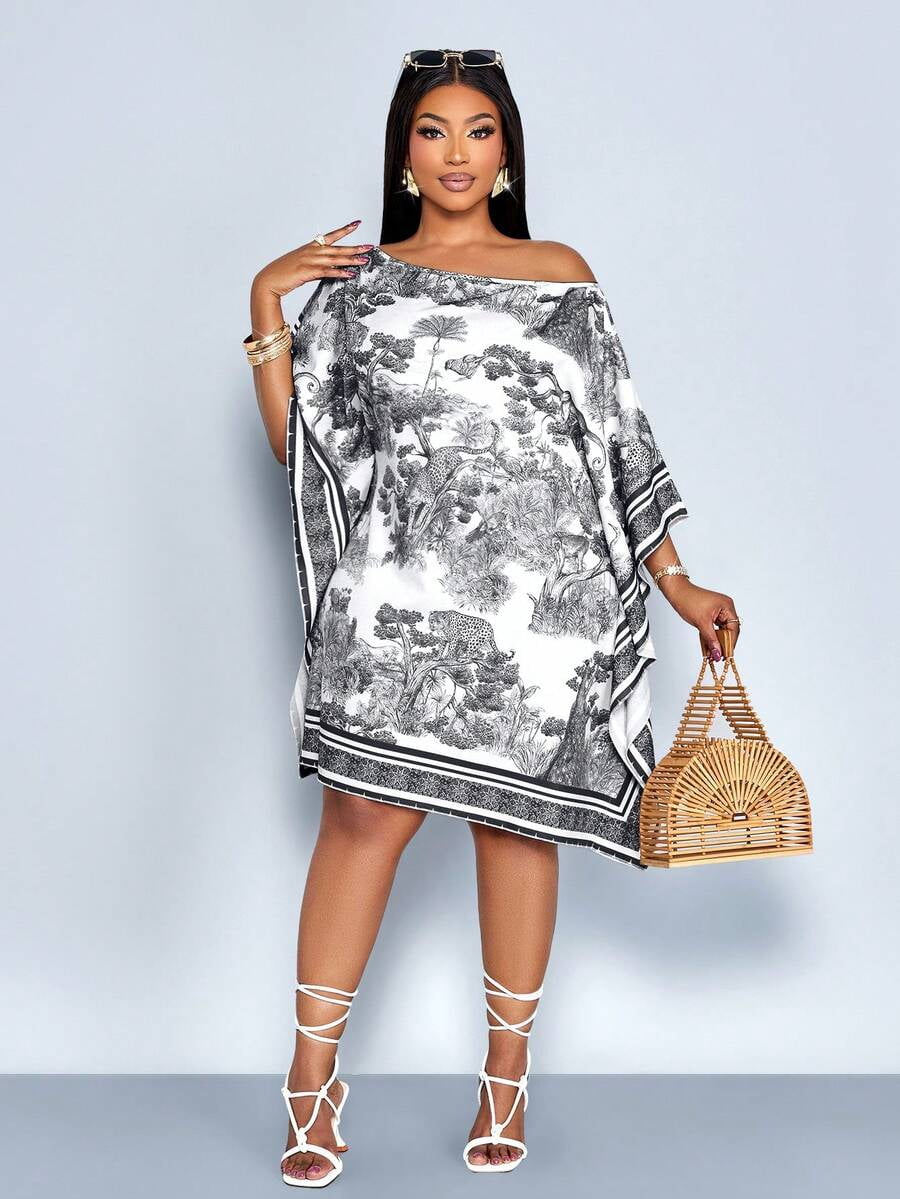 Black Plus Size Off-Shoulder Mid-Length Dress With Retro Forest Animal ...