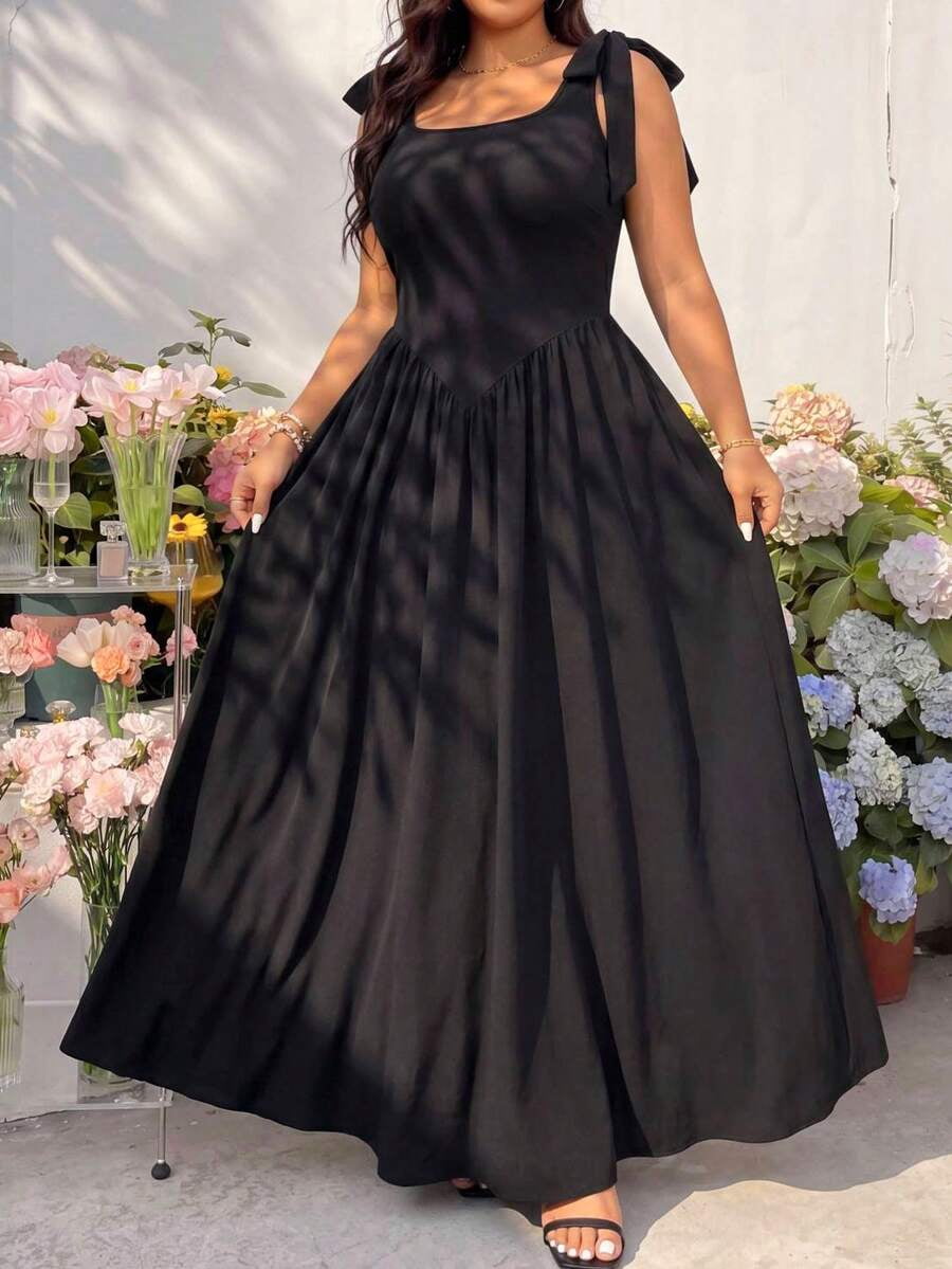 Black Plus Size Sleeveless Square Neck A-Line Maxi Dress For Women ...