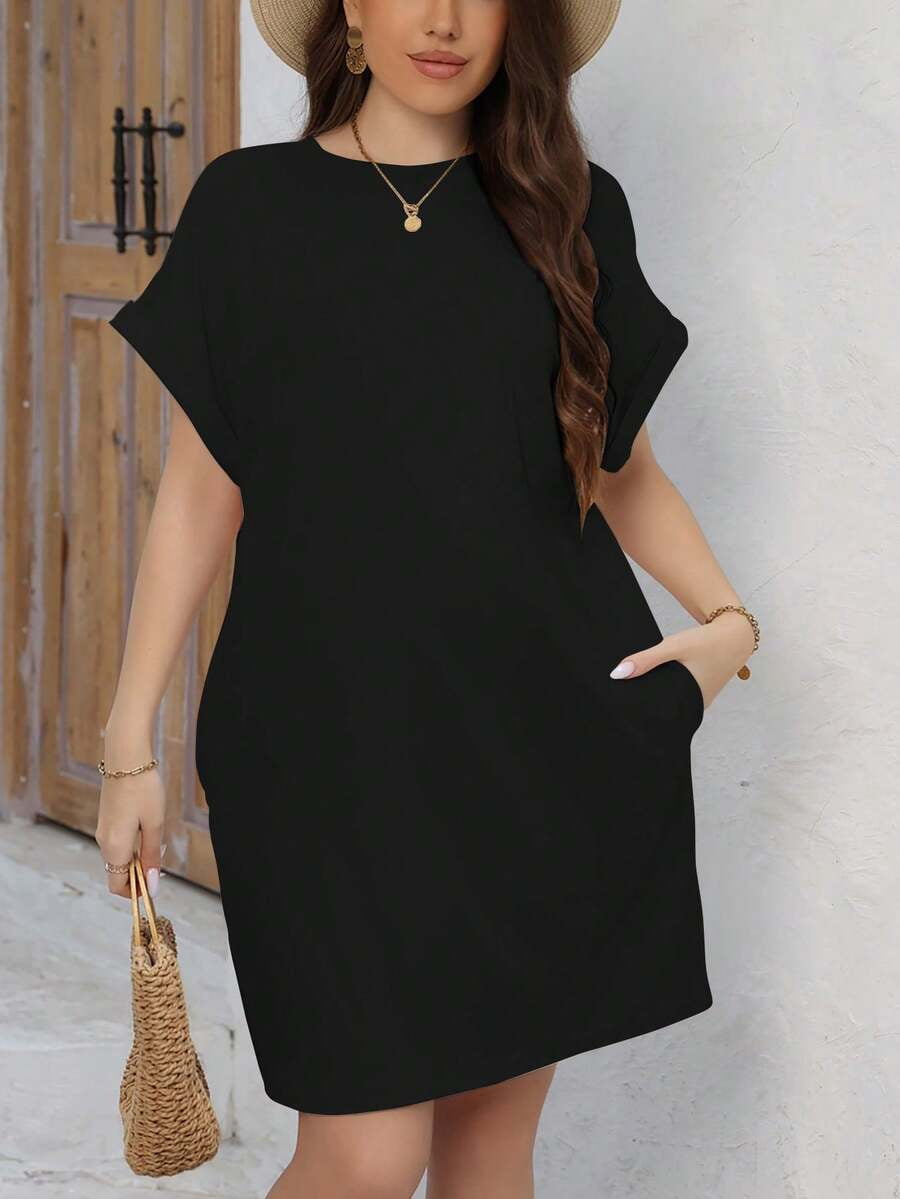 Black Plus Size Solid Batwing Sleeve Shift Dress With Slanted Pockets ...